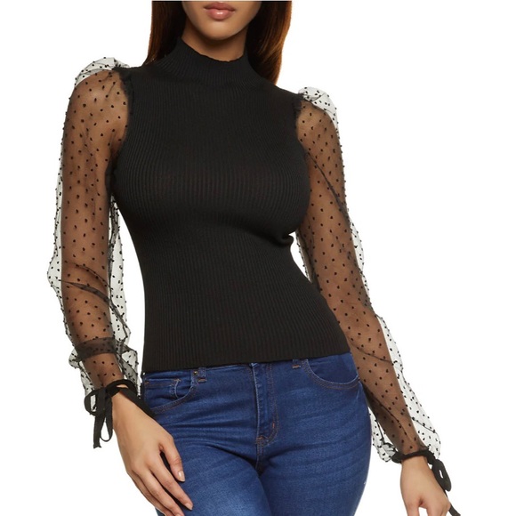 Tops | Puff Sleeve Mesh Dot Swiss Top | Poshmark